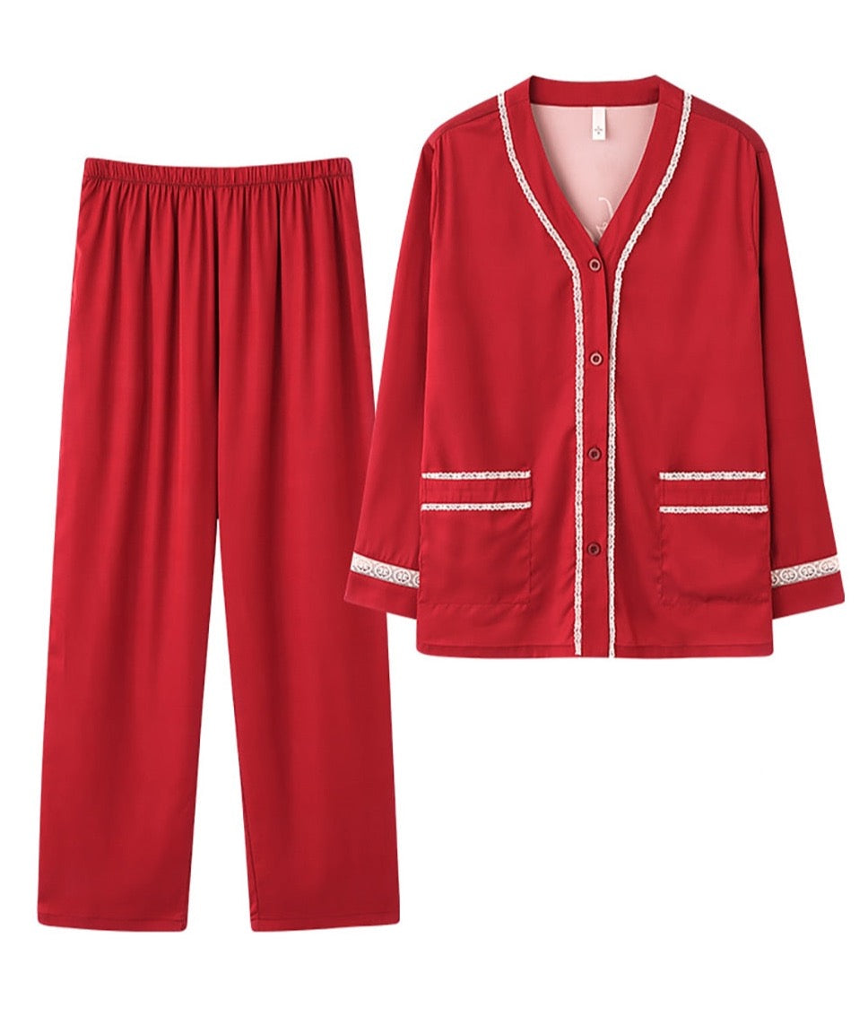 Red Glamor satin pajamas & Duchesse