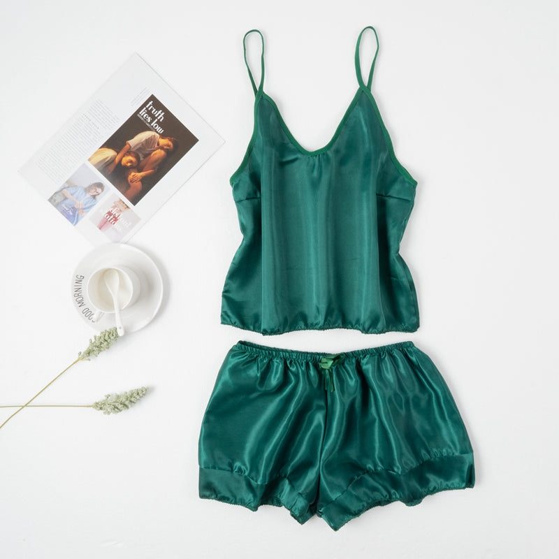 Maya green satin pajamas & Duchesse